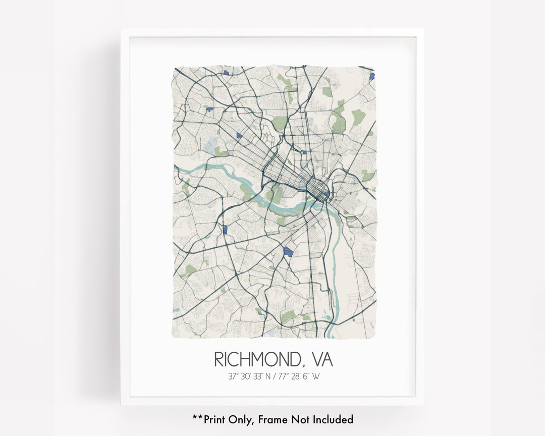 Richmond VA City Map Art Print, Hometown Map Poster, City Map Virginia ...
