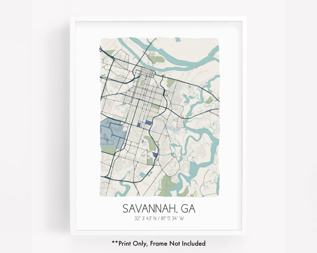 Savannah GA City Map Art Print, Hometown Map Poster, City Map Georgia ...