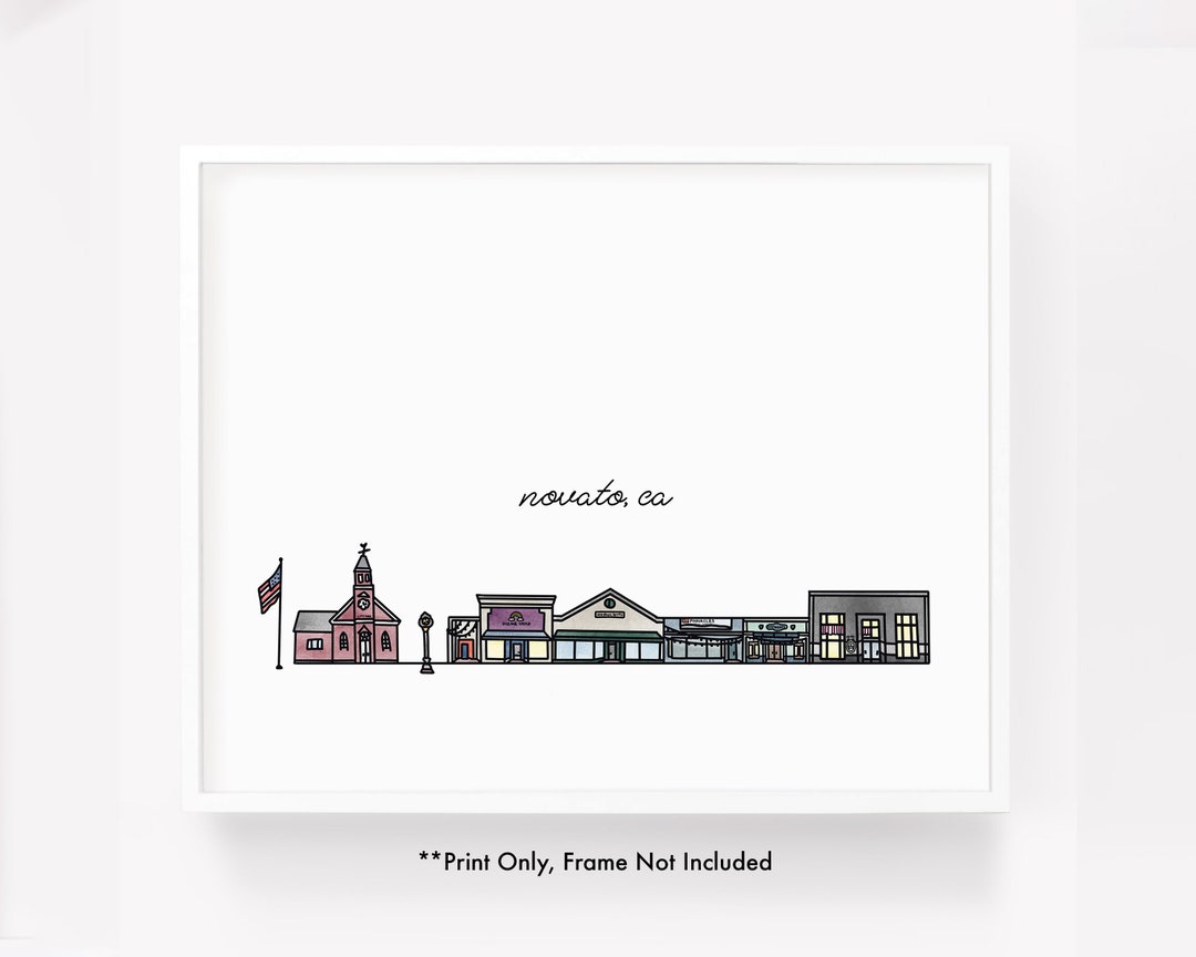 Skyline City Print of Downtown Novato CA, Watercolor Cityscape ...