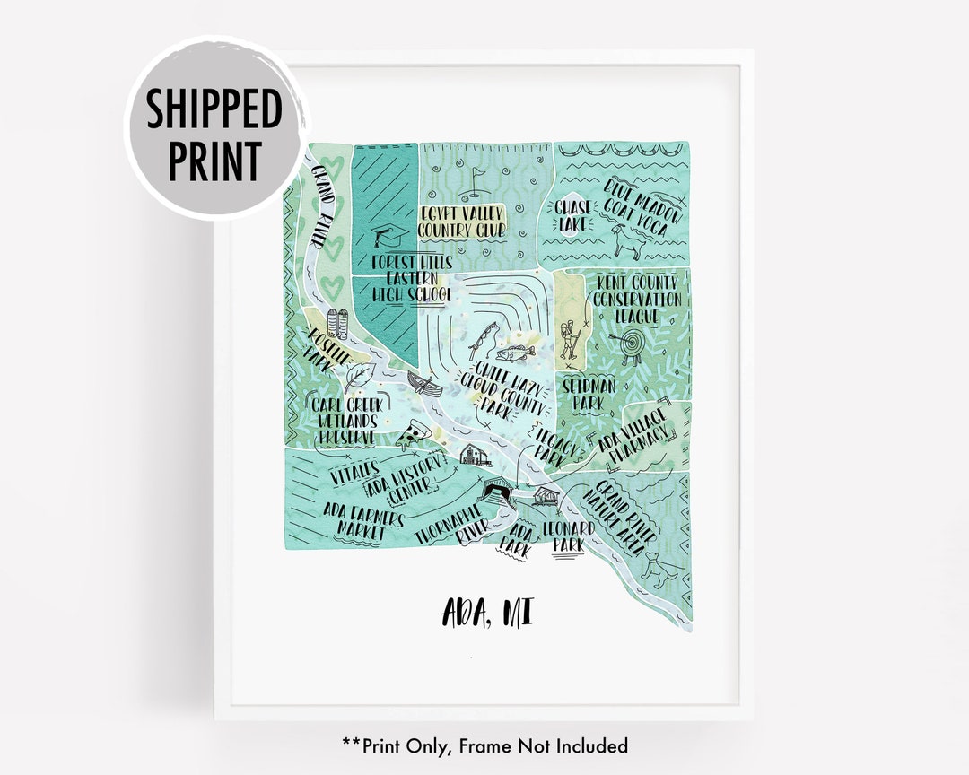 Watercolor City Map Print of Ada MI, Hand Drawn Illustrated Map of Ada ...