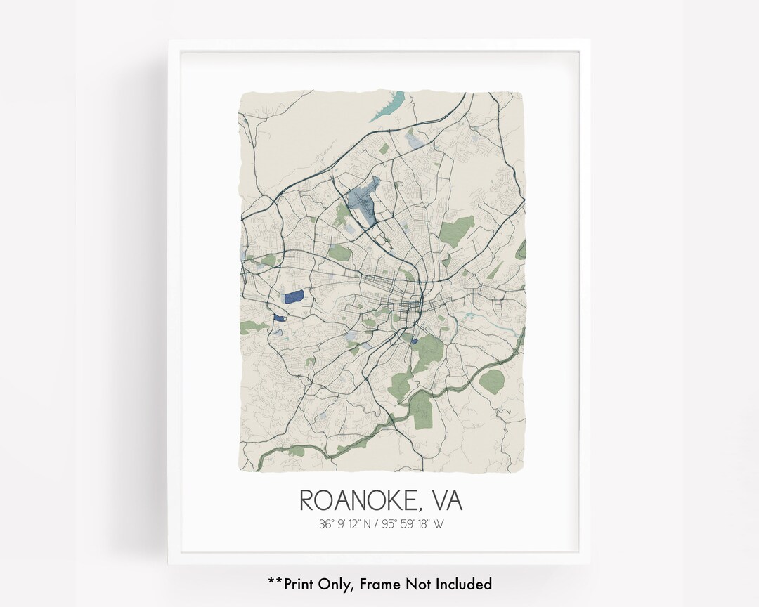 Roanoke VA City Map Art Print, Hometown Map Poster, City Map Virginia ...