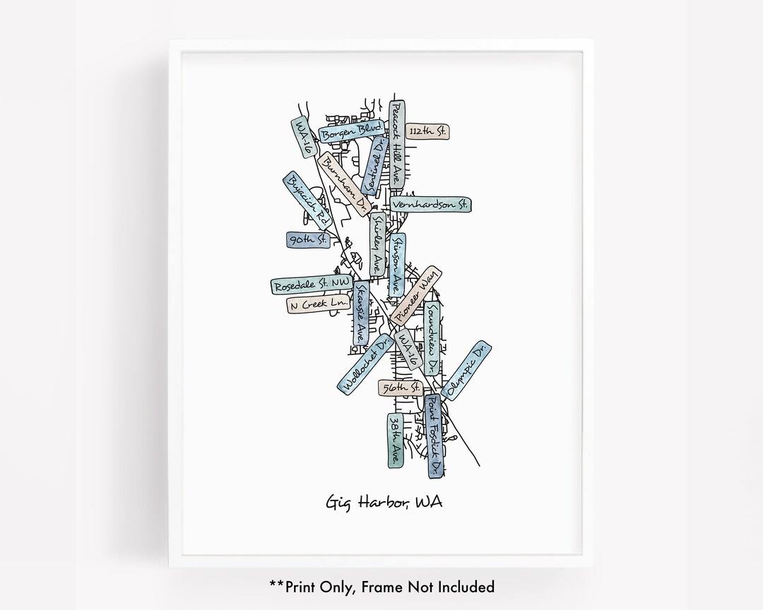 Watercolor Street Map Print of Gig Harbor WA, Hand Drawn City Map ...