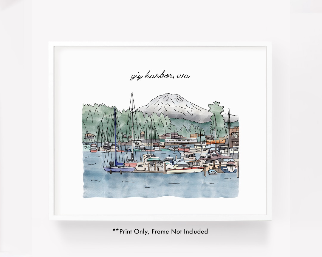 Skyline City Print of Gig Harbor WA, Watercolor Cityscape Illustration ...