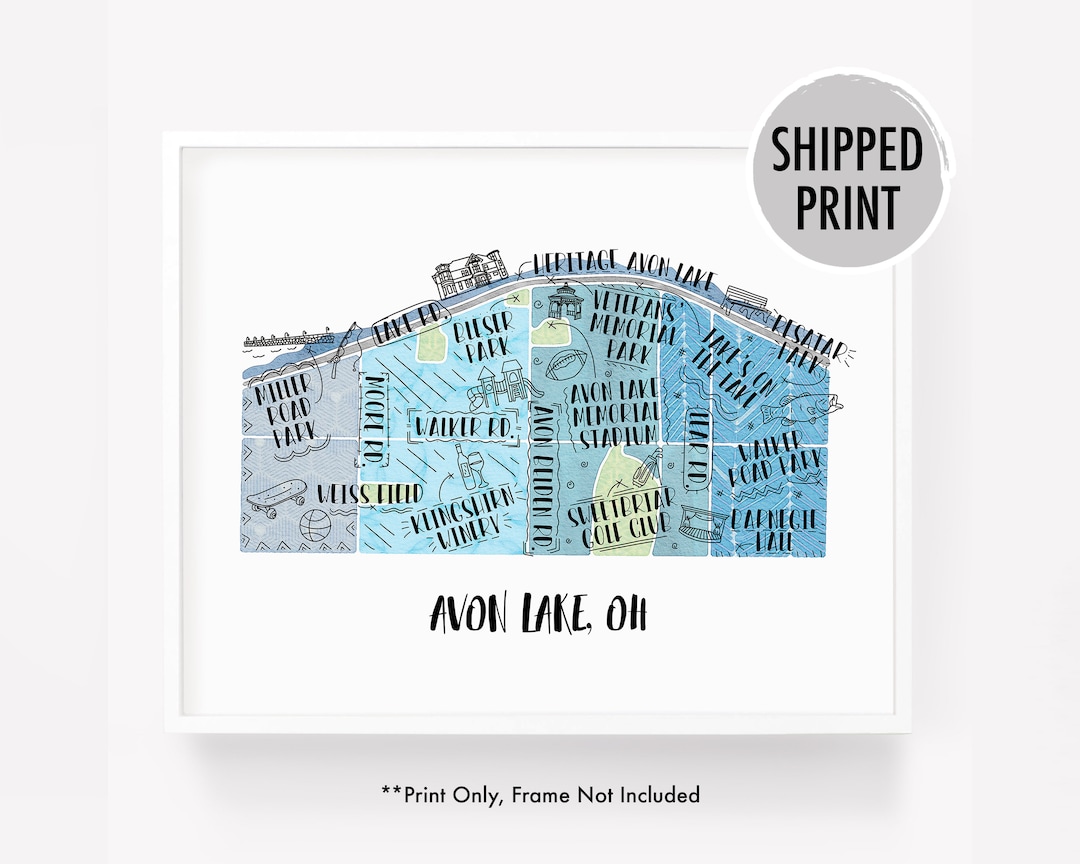 Watercolor City Map Print of Avon Lake OH, Hand Drawn Illustrated Map ...