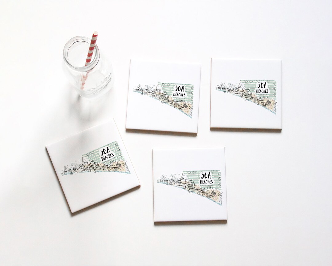 Hand Drawn Map Coasters of 30A Beaches in Florida, Watercolor ...