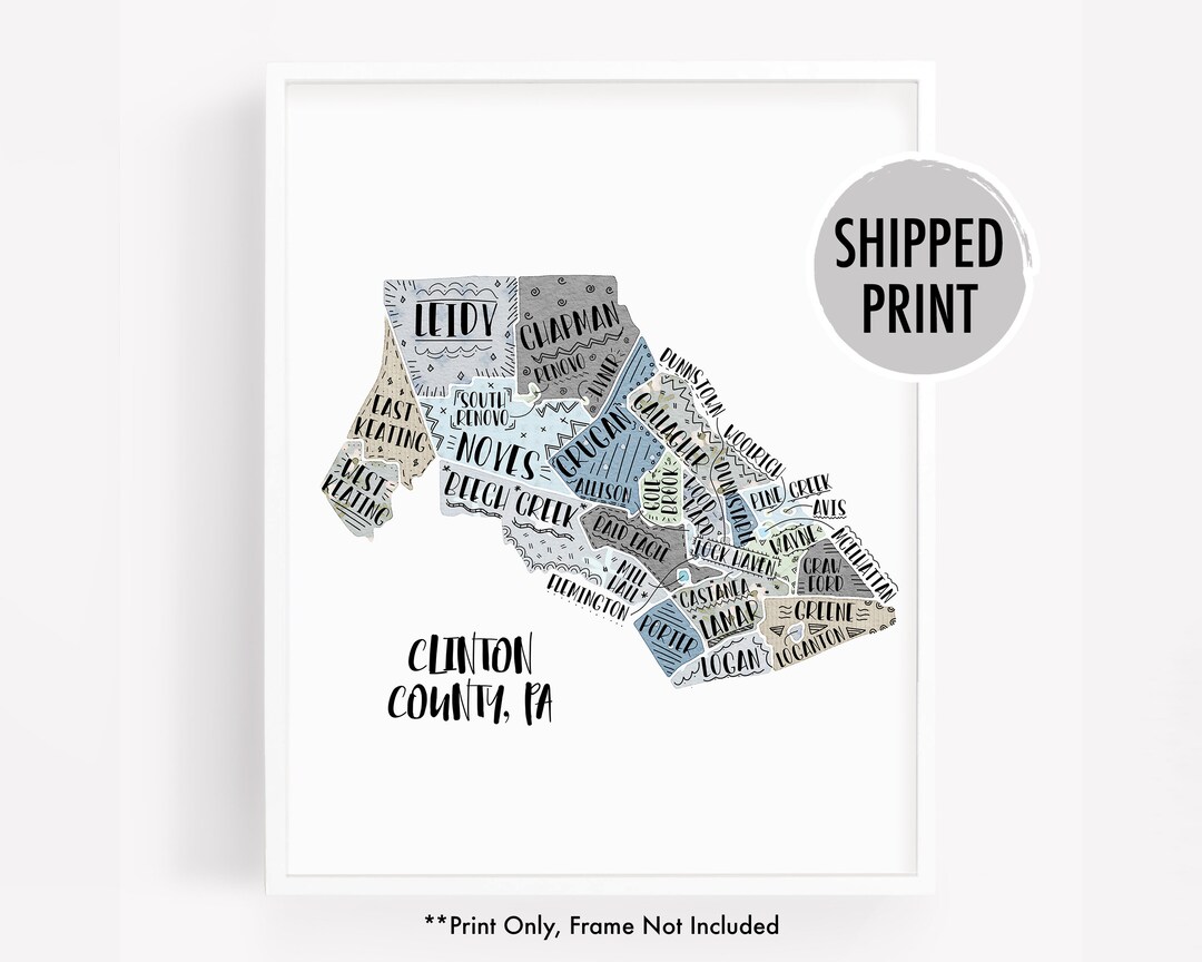 Watercolor City Map Print of Clinton County PA, Hand Drawn Illustrated ...