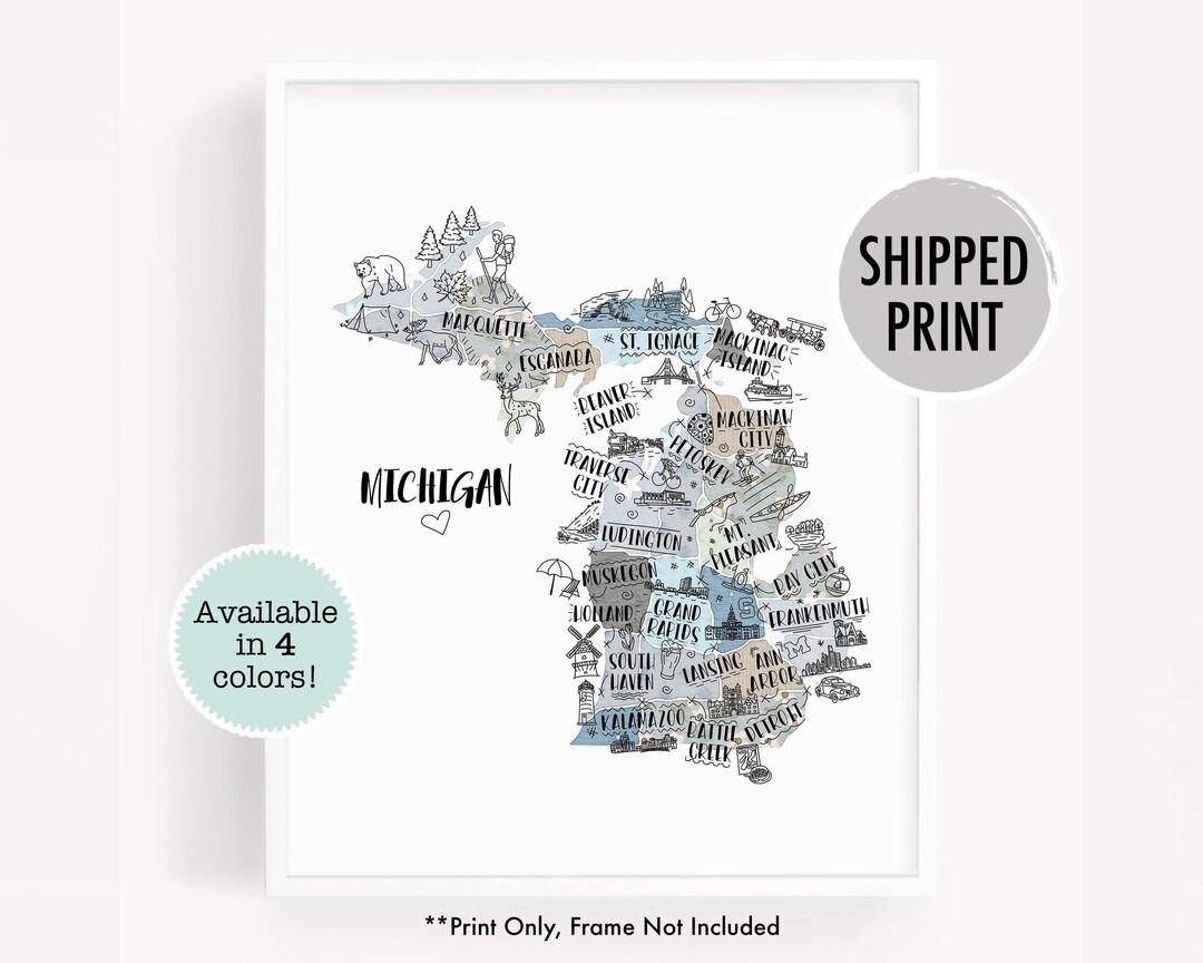 Michigan Map Poster, State Prints, Illustrated State Map Print of ...