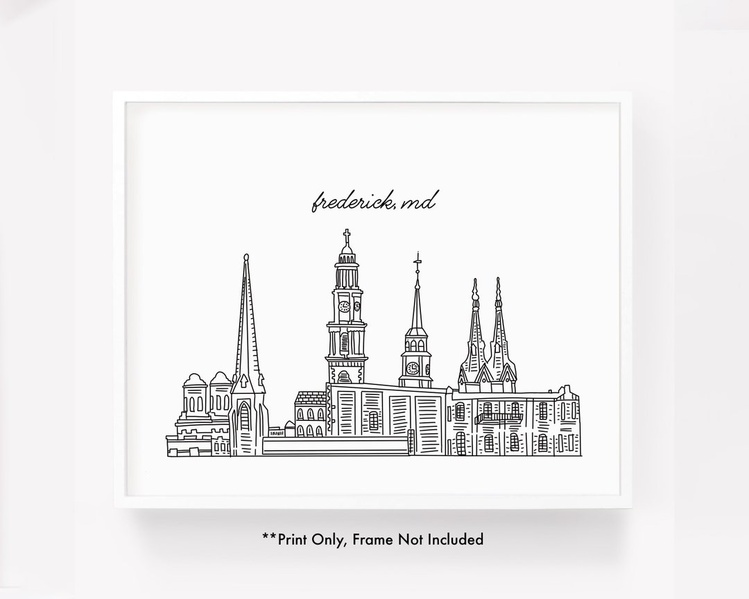 Skyline City Print of Frederick MD, Watercolor Cityscape Illustration of Frederick Maryland ...