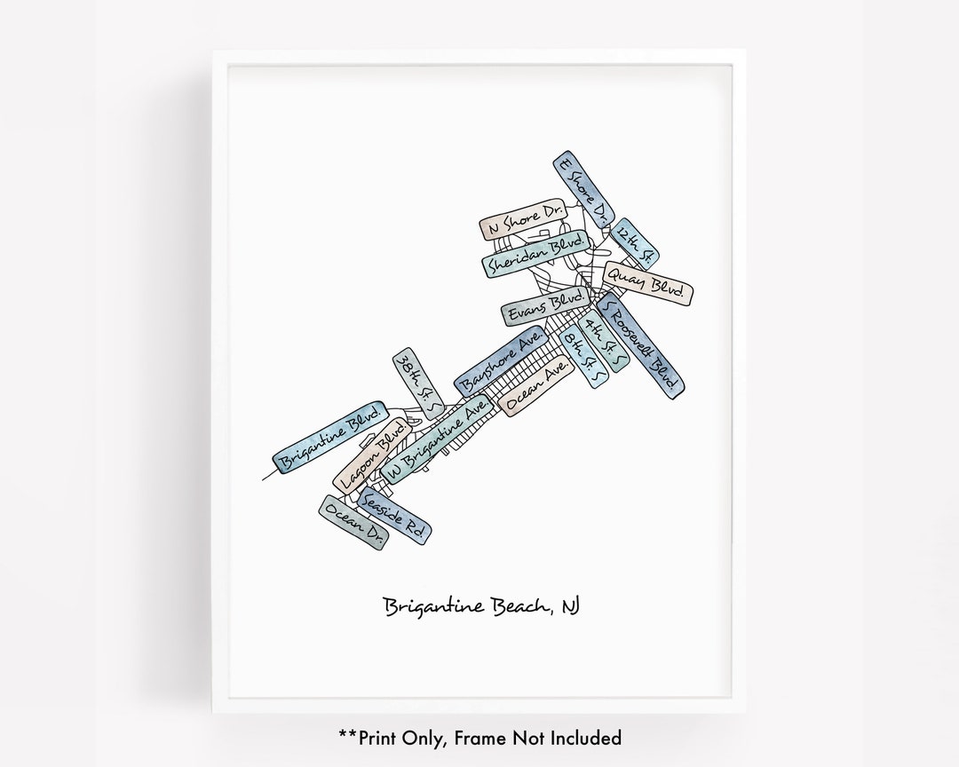 Watercolor Street Map Print of Brigantine Beach NJ, Hand Drawn City Map ...