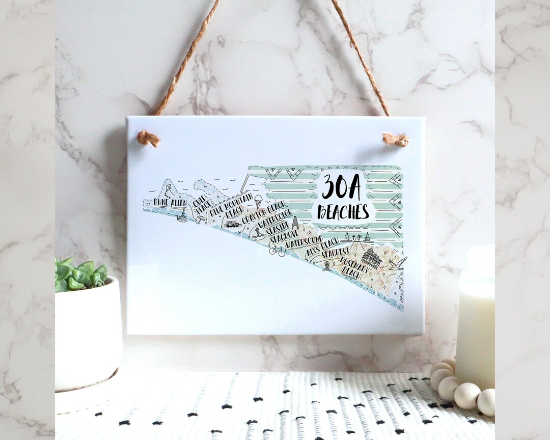 30A Florida Hand Drawn Map Wall Hanging, Watercolor Illustrated Map ...