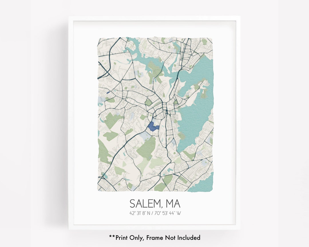 Salem MA City Map Art Print, Hometown Map Poster, City Map ...