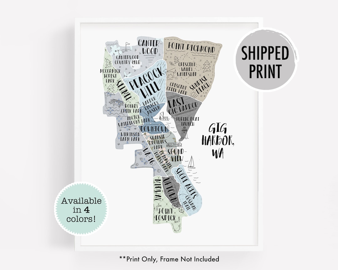 Watercolor City Map Print of Gig Harbor WA, Hand Drawn Illustrated Map ...