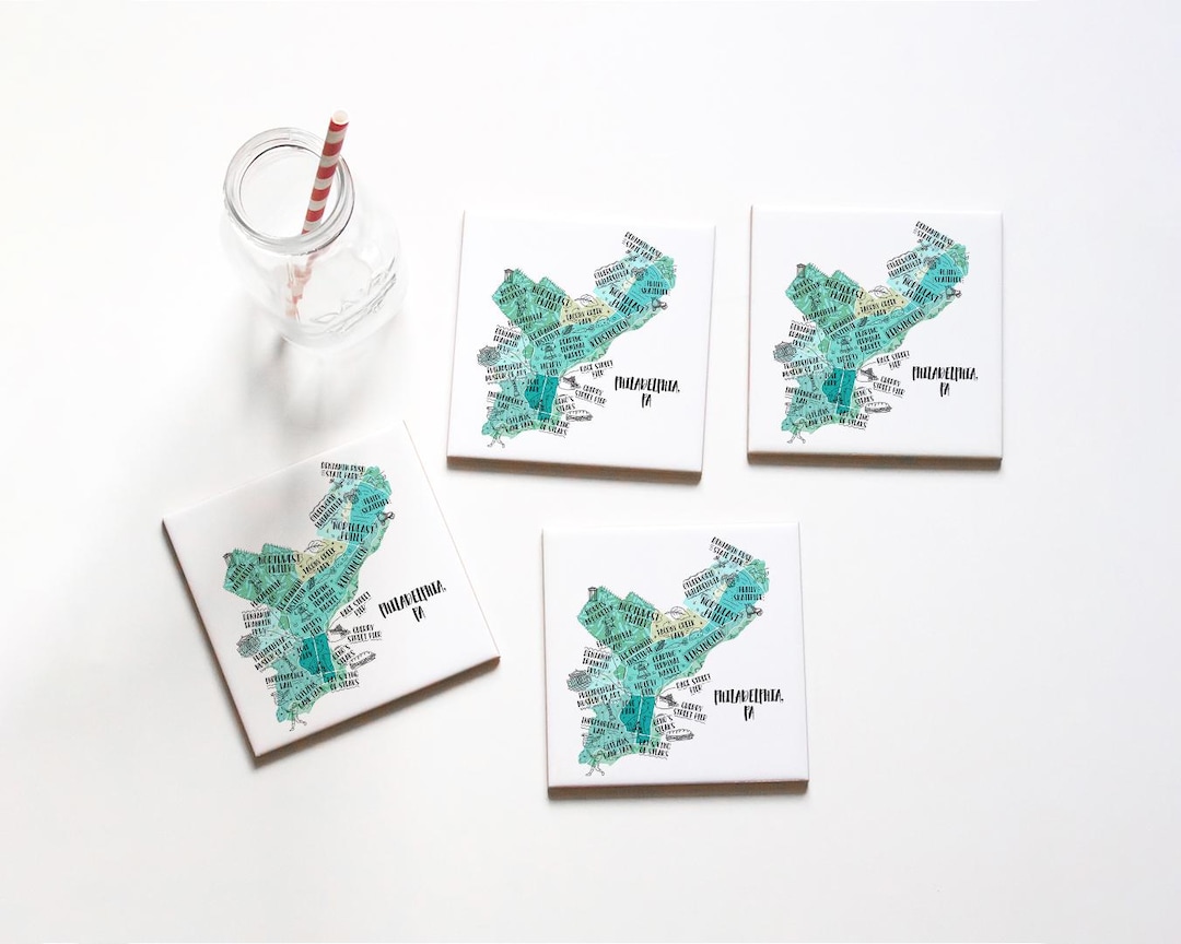 Hand Drawn Map Coasters of Philadelphia PA, Watercolor Illustrated Map ...
