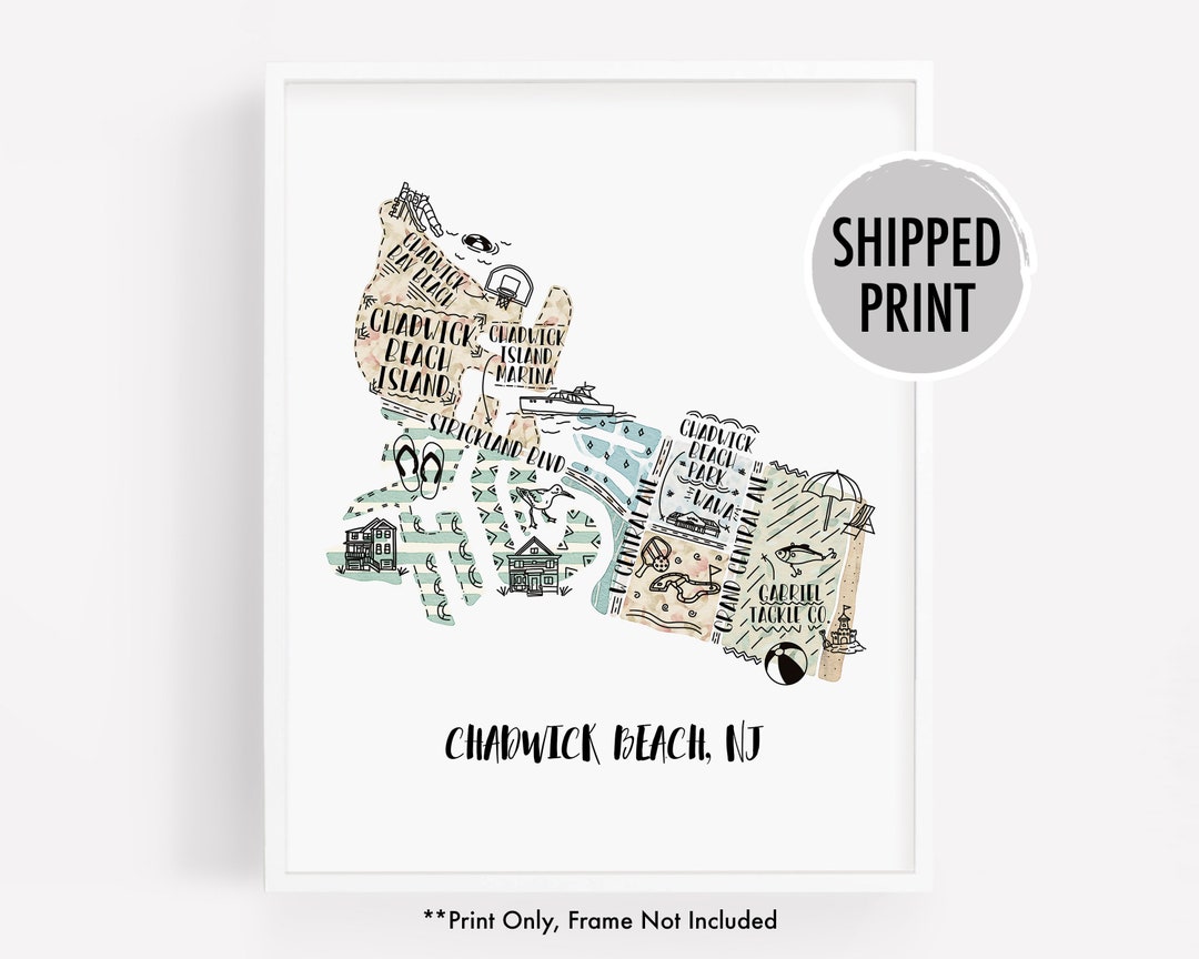Watercolor City Map Print of Chadwick Beach NJ, Hand Drawn Illustrated ...
