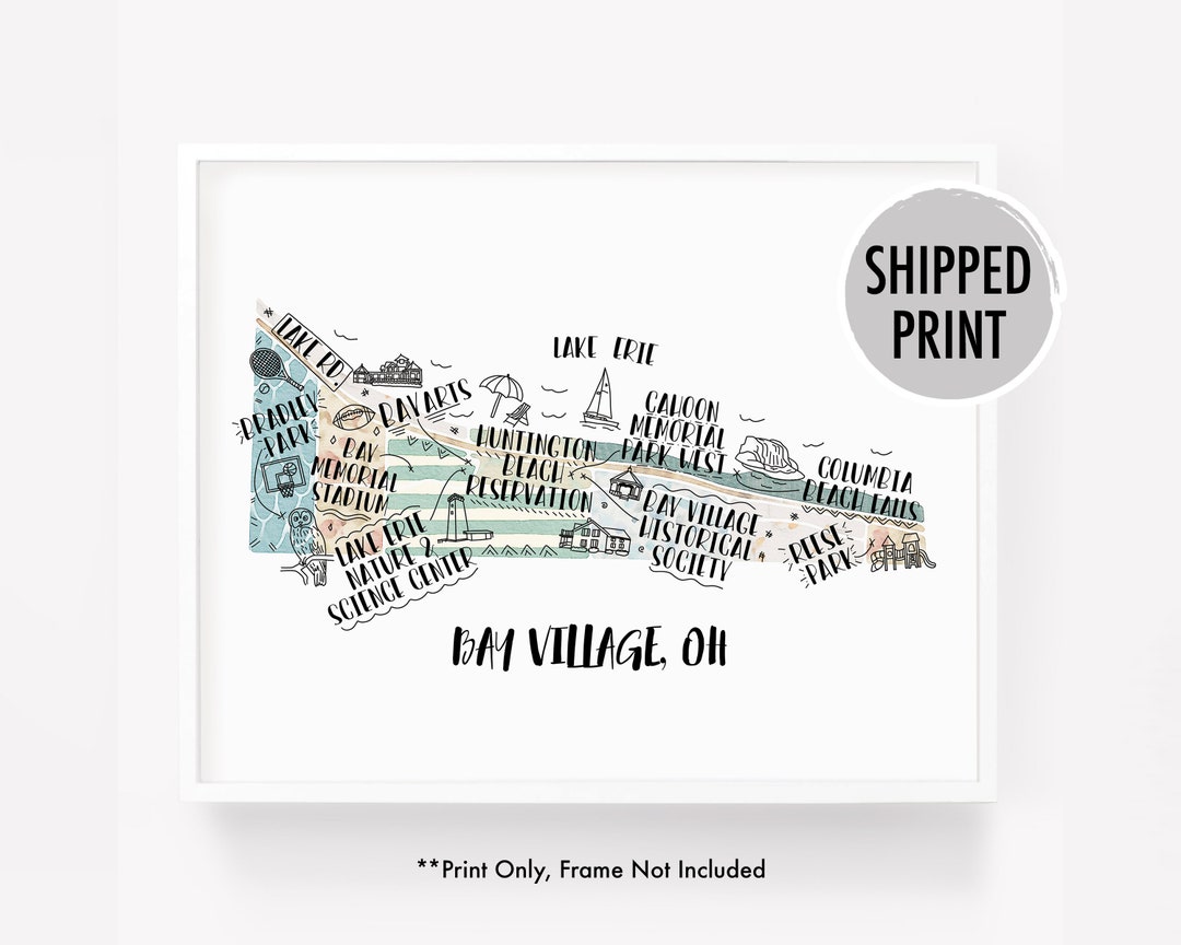 Watercolor City Map Print of Bay Village OH, Hand Drawn Illustrated Map ...