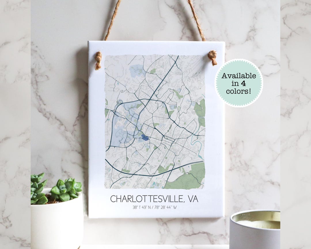 Charlottesville VA Map Tile Sign, Watercolor City Map Art, City Map ...