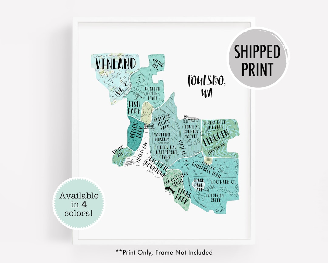 Watercolor City Map Print of Poulsbo WA, Hand Drawn Illustrated Map of ...