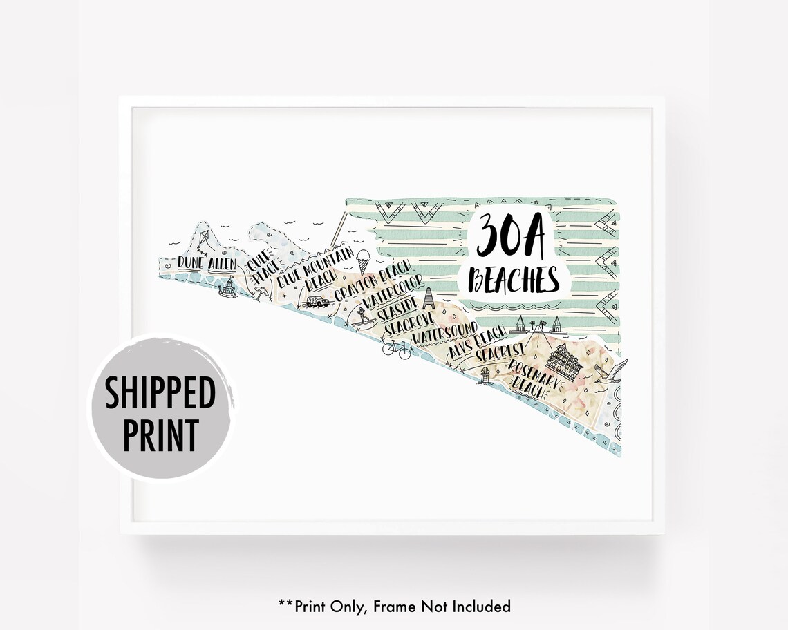 Watercolor Map Print of 30A Beaches, Hand Drawn Illustrated Map of 30A ...