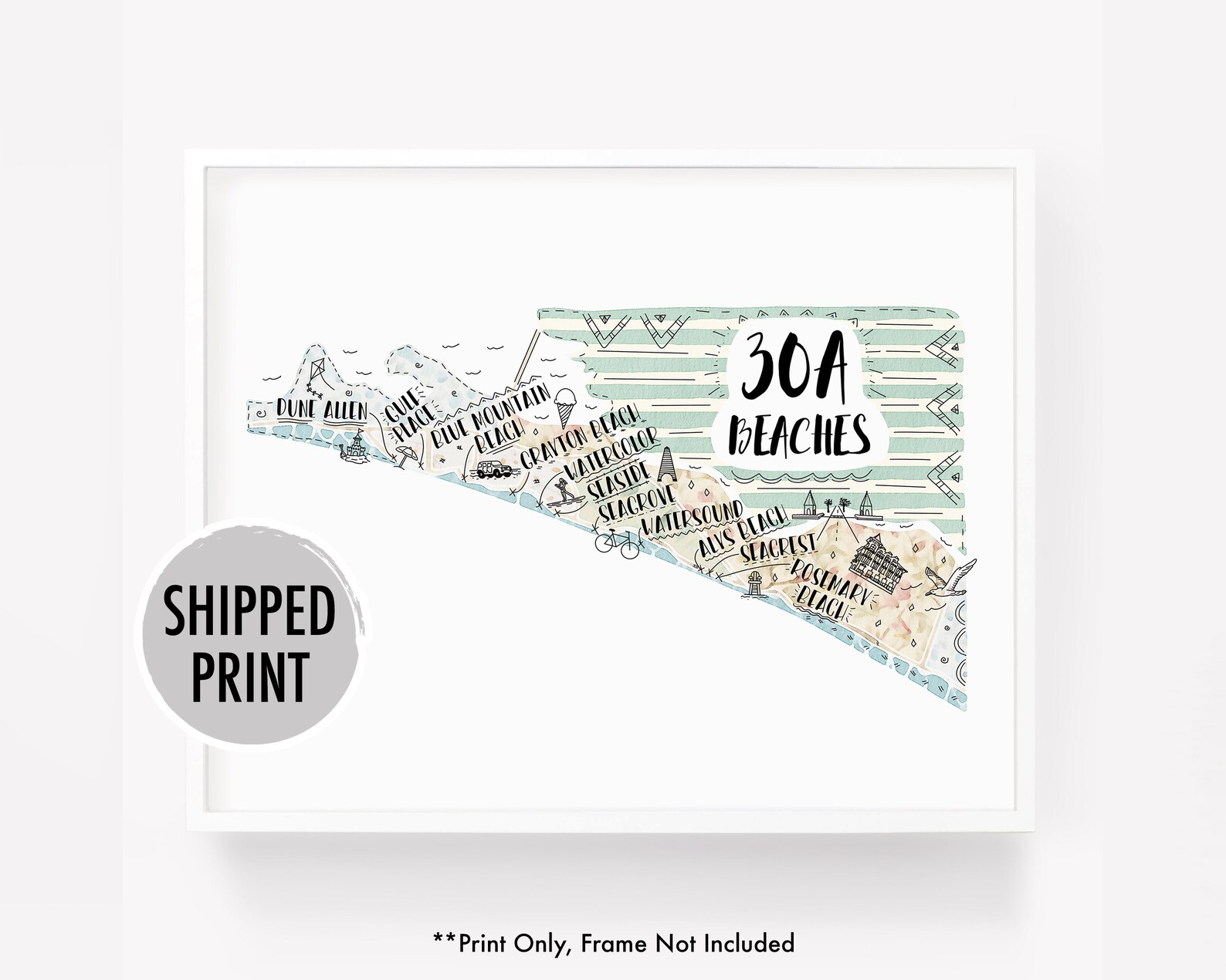 Watercolor Map Print of 30A Beaches, Hand Drawn Illustrated Map of 30A ...