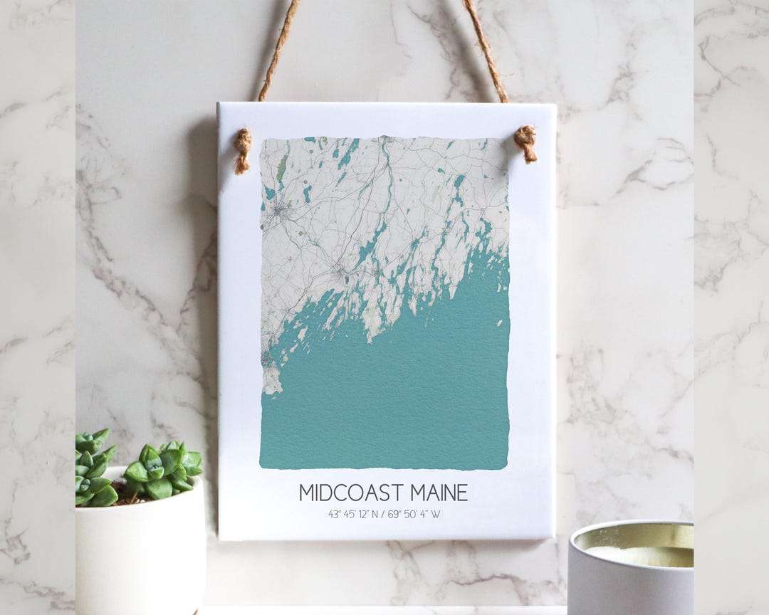 Midcoast Maine Map Tile Sign, Watercolor City Map Art, City Map Maine ...