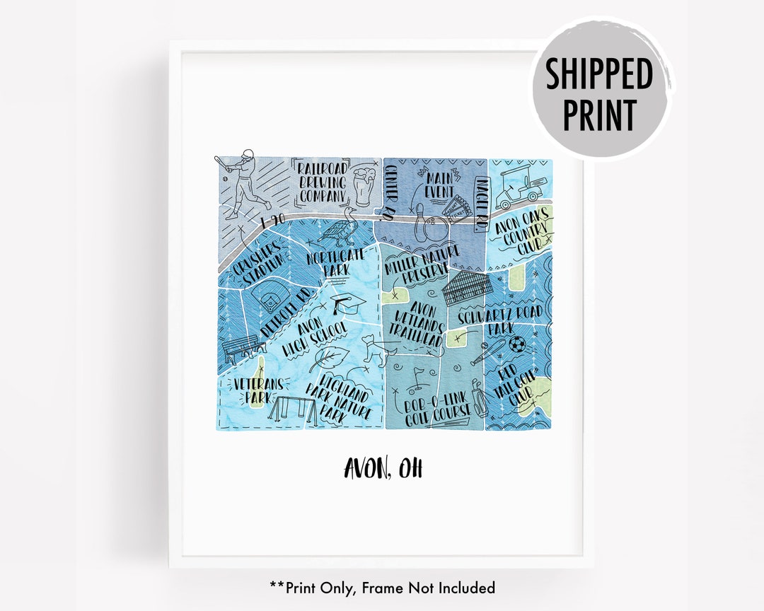 Watercolor City Map Print of Avon OH, Hand Drawn Illustrated Map of ...