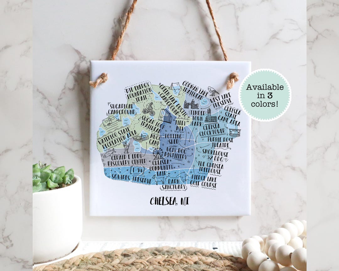 Illustrated Map Tile Art of Chelsea MI, Hand Drawn Watercolor City Map ...