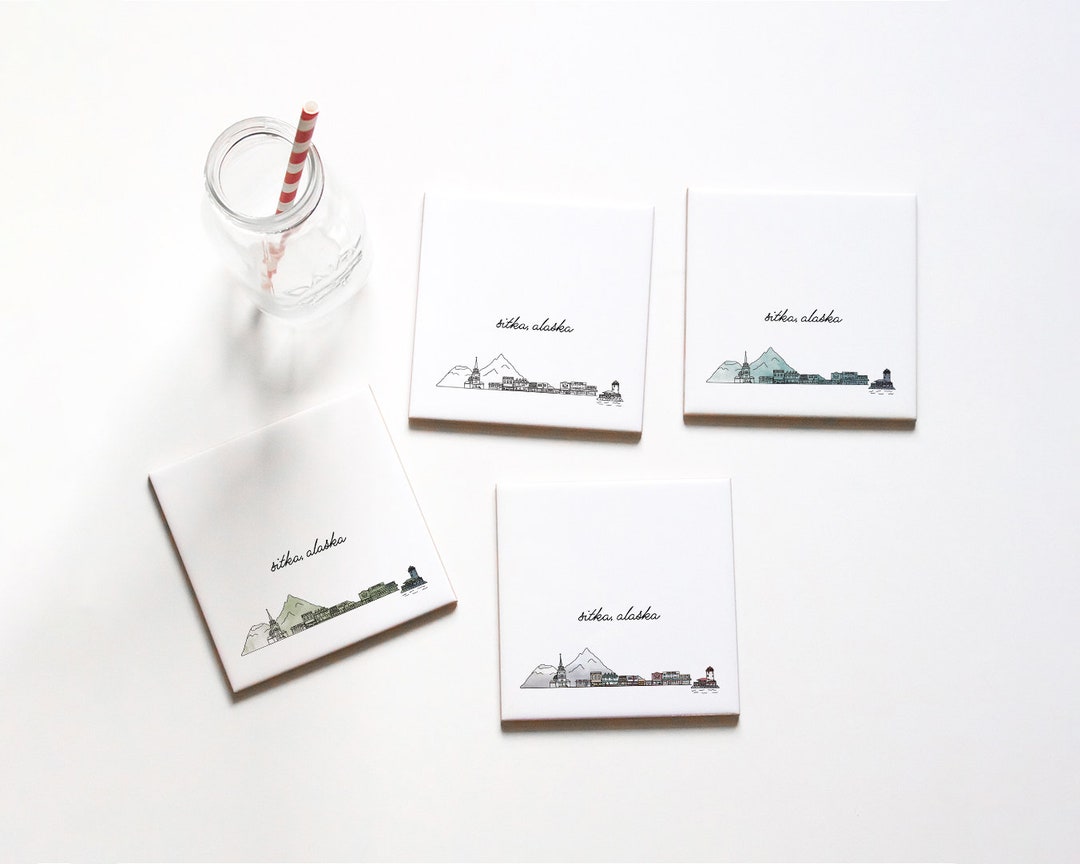 Skyline City Coasters of Sitka Alaska, Watercolor Cityscape Drawing of ...