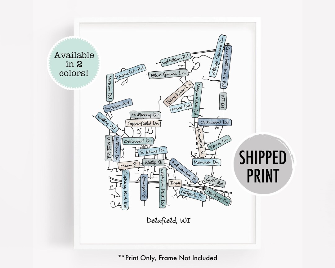 Watercolor Street Map Print of Delafield WI, Hand Drawn City Map ...