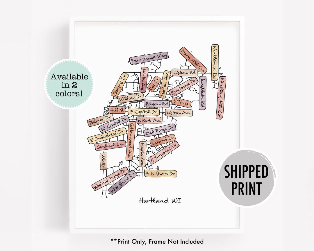 Watercolor Street Map Print of Hartland WI, Hand Drawn City Map ...