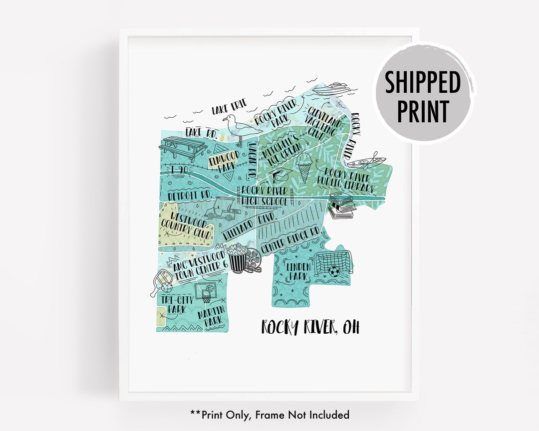 Watercolor City Map Print of Rocky River OH, Hand Drawn Illustrated Map ...