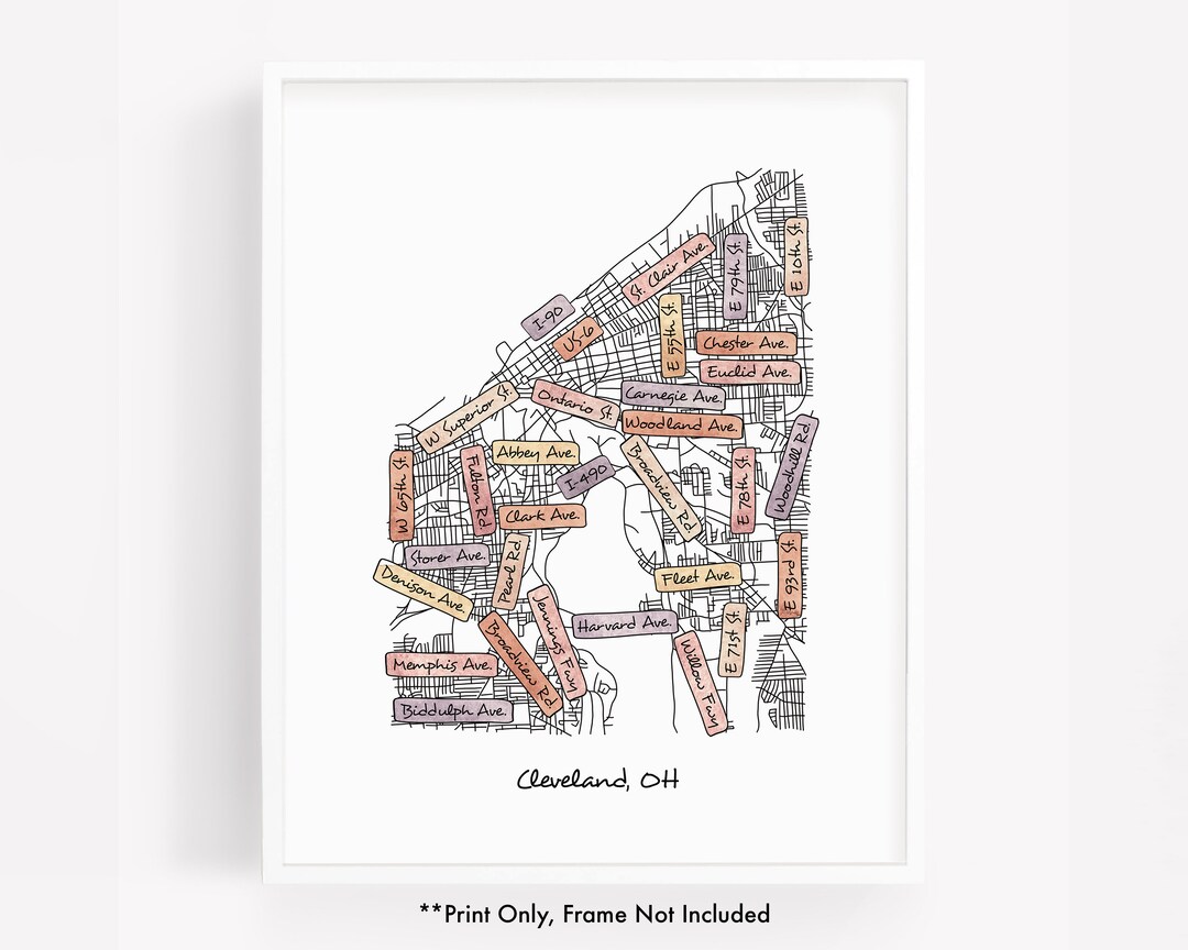 Watercolor Street Map Print of Cleveland OH, Hand Drawn City Map ...