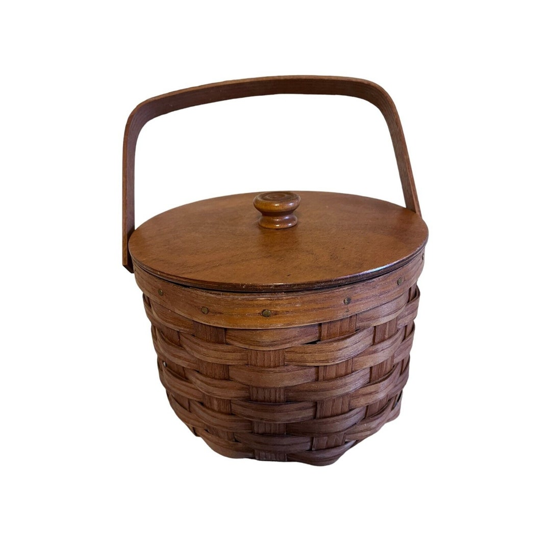 Vtg Handmade Farmhouse Cottagecore Woven Round Basket Bucket Wooden ...