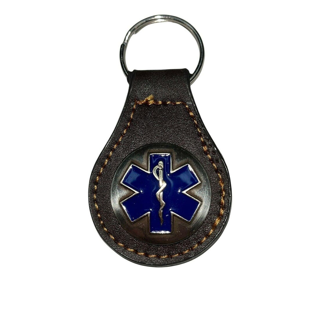 Brown Leather Silver Star of Life EMS Paramedic Concho Key Ring Chain ...