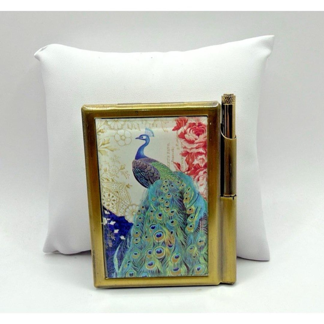 Art Deco Flip up Brass Note Pad Mini Notepad Vintage Peacock Roses ...