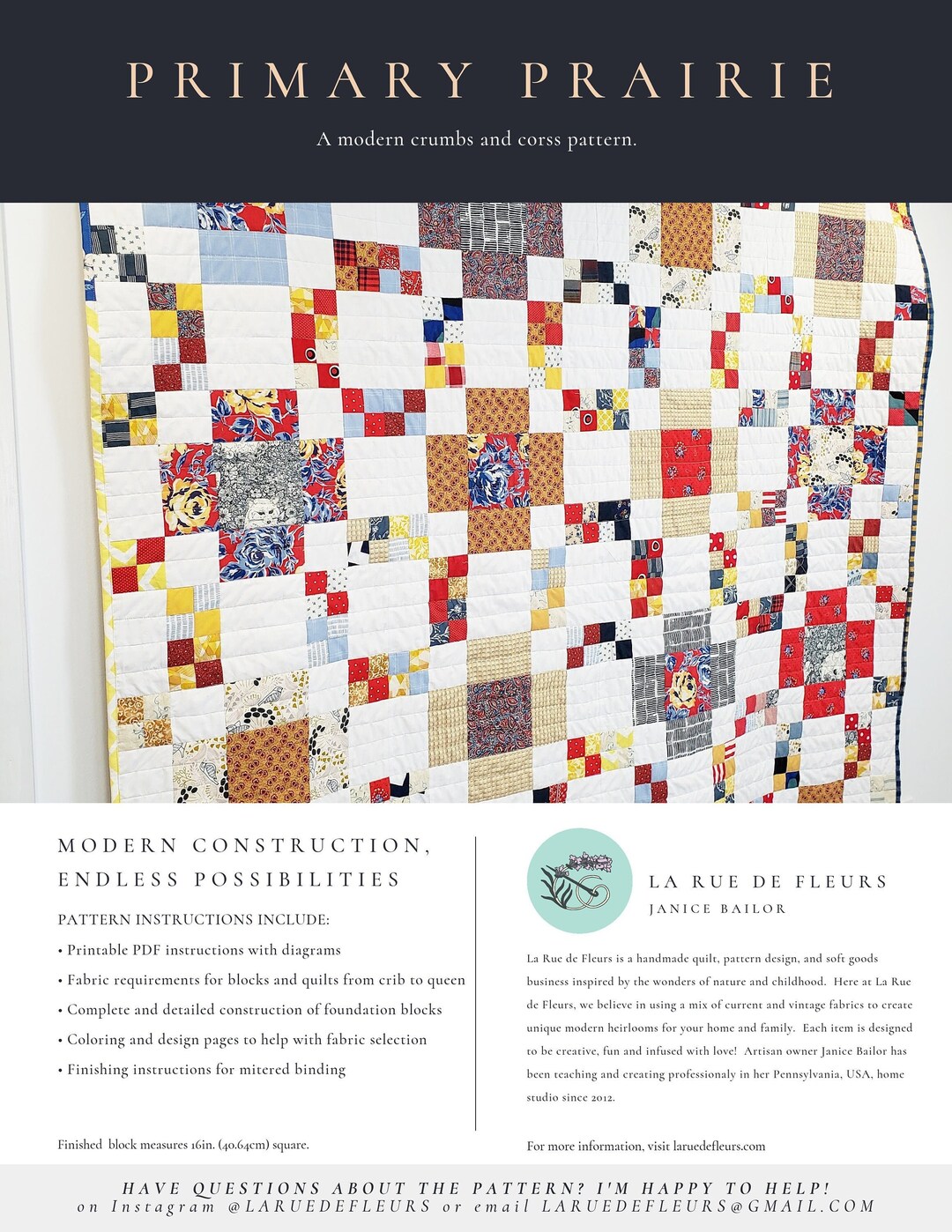 Modern Quilt Pattern, Primary Prairie Quilt PDF Pattern, Scrap Friendly ...