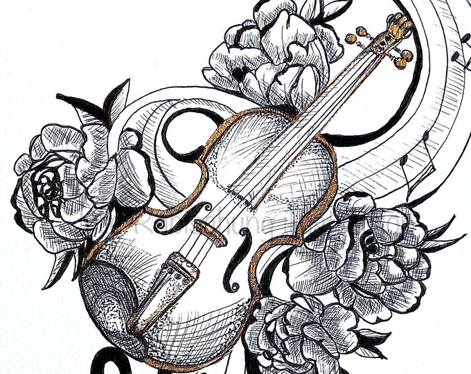 Violin Ink Art, Original Violin and Flowers Art, Original Ink and Gold ...