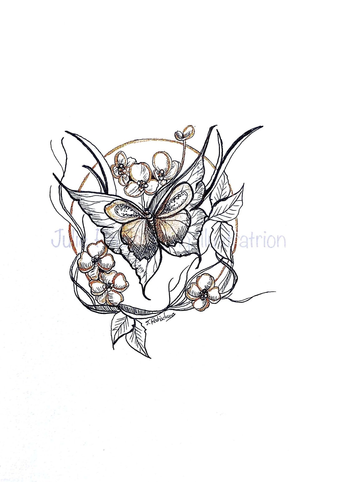 Butterfly and Flowers Ink Art, Original Butterfly Ink Drawing, Ink and ...