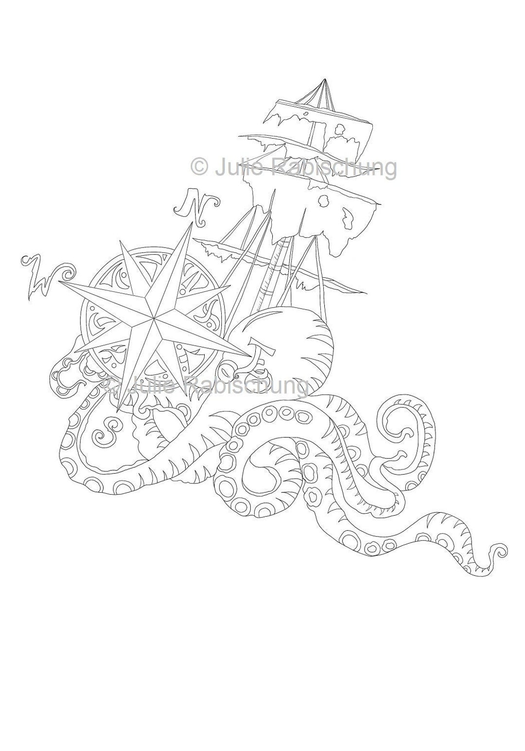 Compass and Octopus Coloring Page,nautical Coloring Page,pirate ...