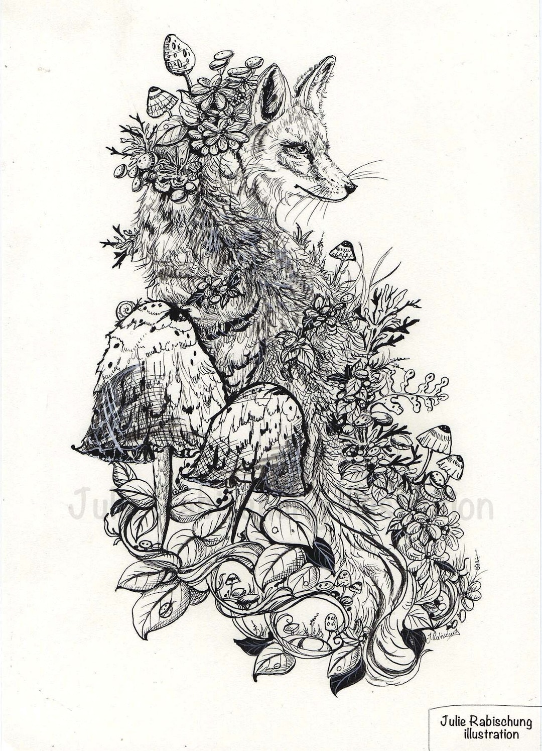 Fox With Flowers and Mushrooms Ink Drawings, Fox Ink Drawing, Fantasy ...
