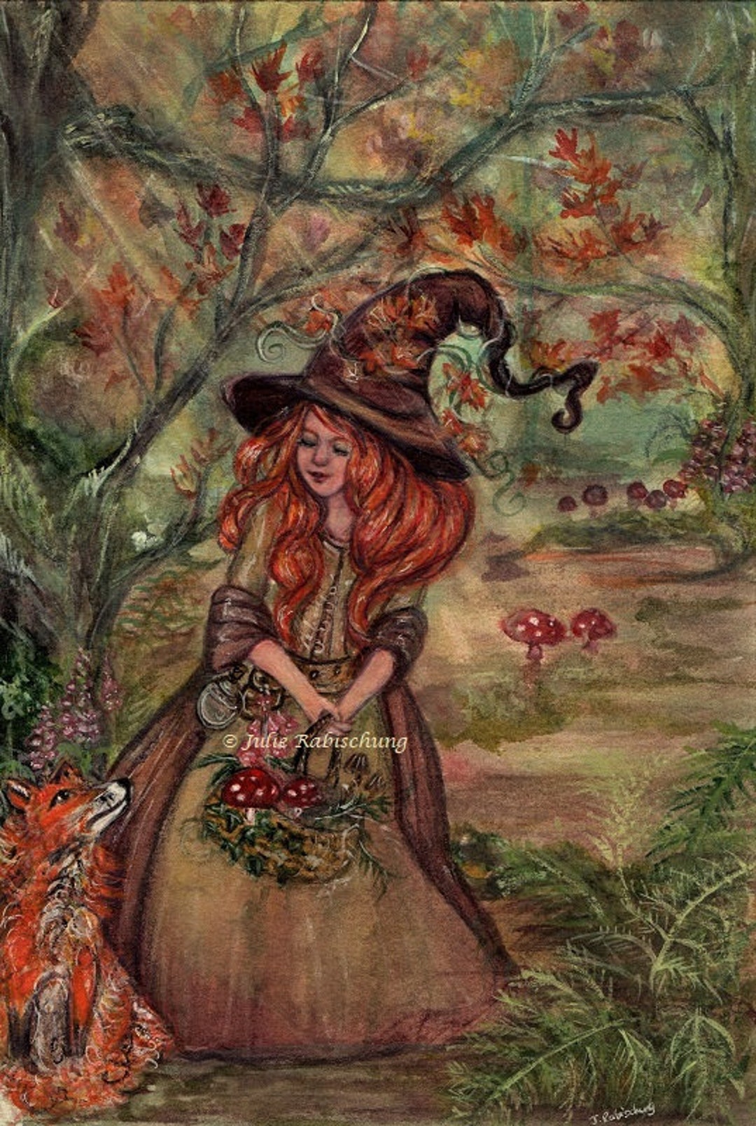 Autumn Witch Print, Witch and Fox Art Print, Autumn Woods and Witch Art ...