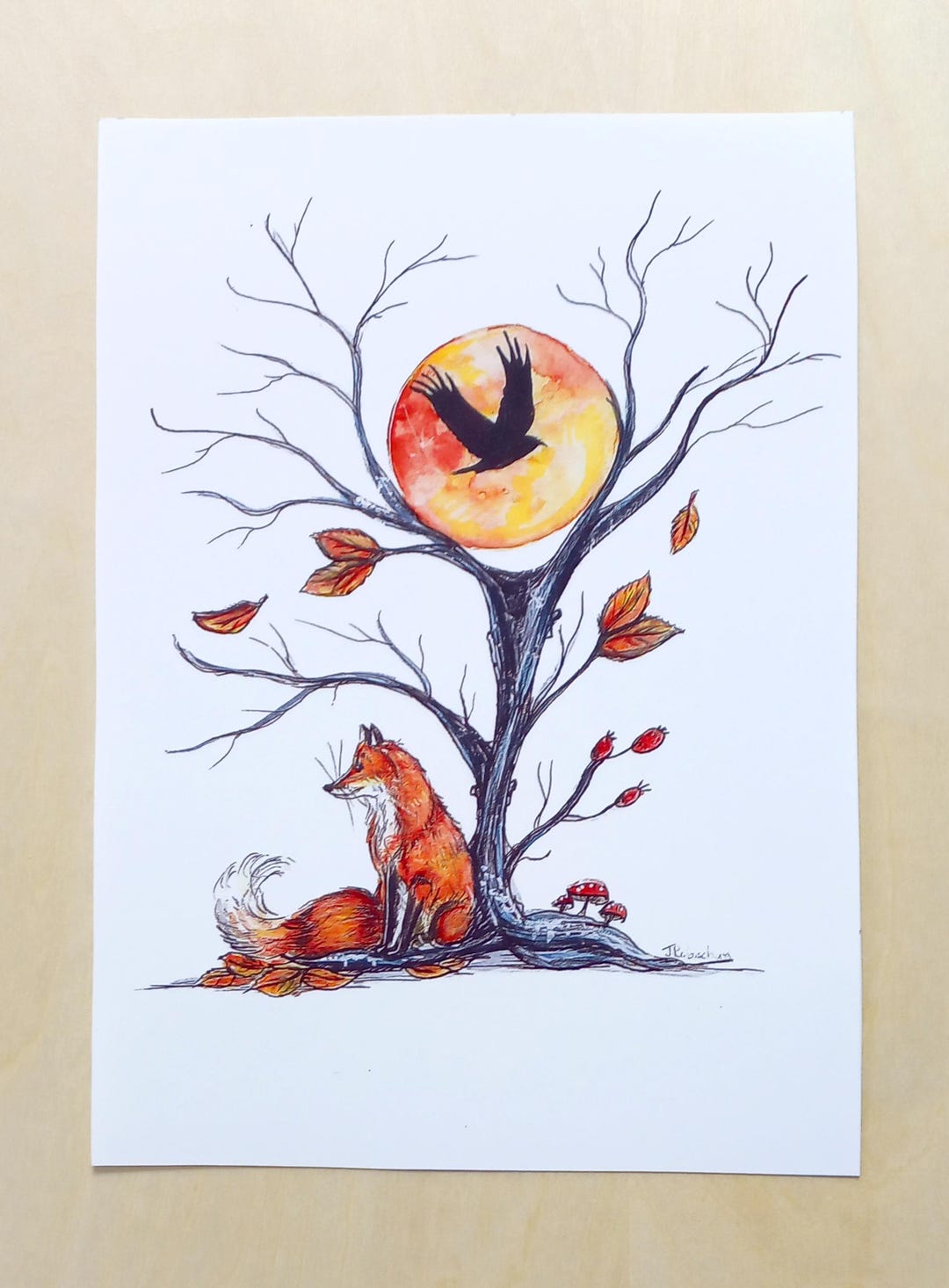 Fox With Raven and Full Moon Art Print, Harvest Moon Art Print, Fox and ...