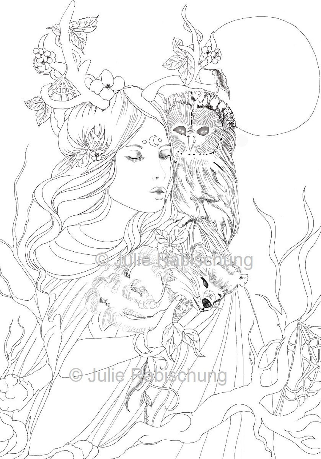 Mother Nature Coloring Page,pagan,nature,mother Earth,owl,fox,forest ...