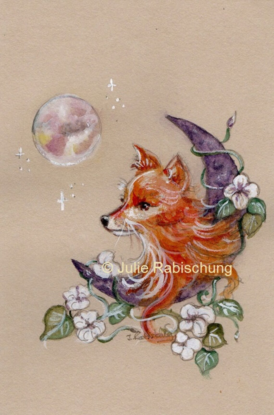 Fox and Moon Print Fox Art Printmoon and Flowers Art - Etsy