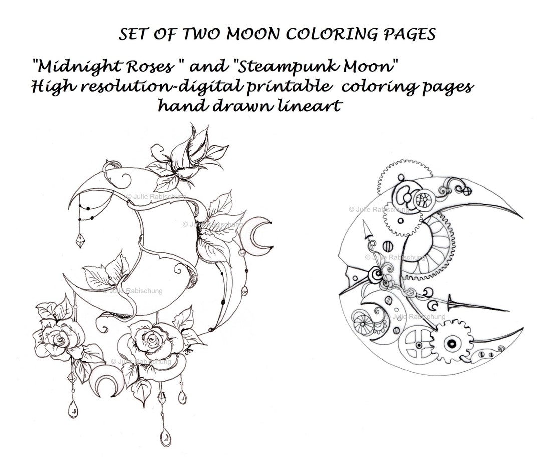 Set of Two Moon Coloring Pages,digital Printable Moon Coloring Pages ...