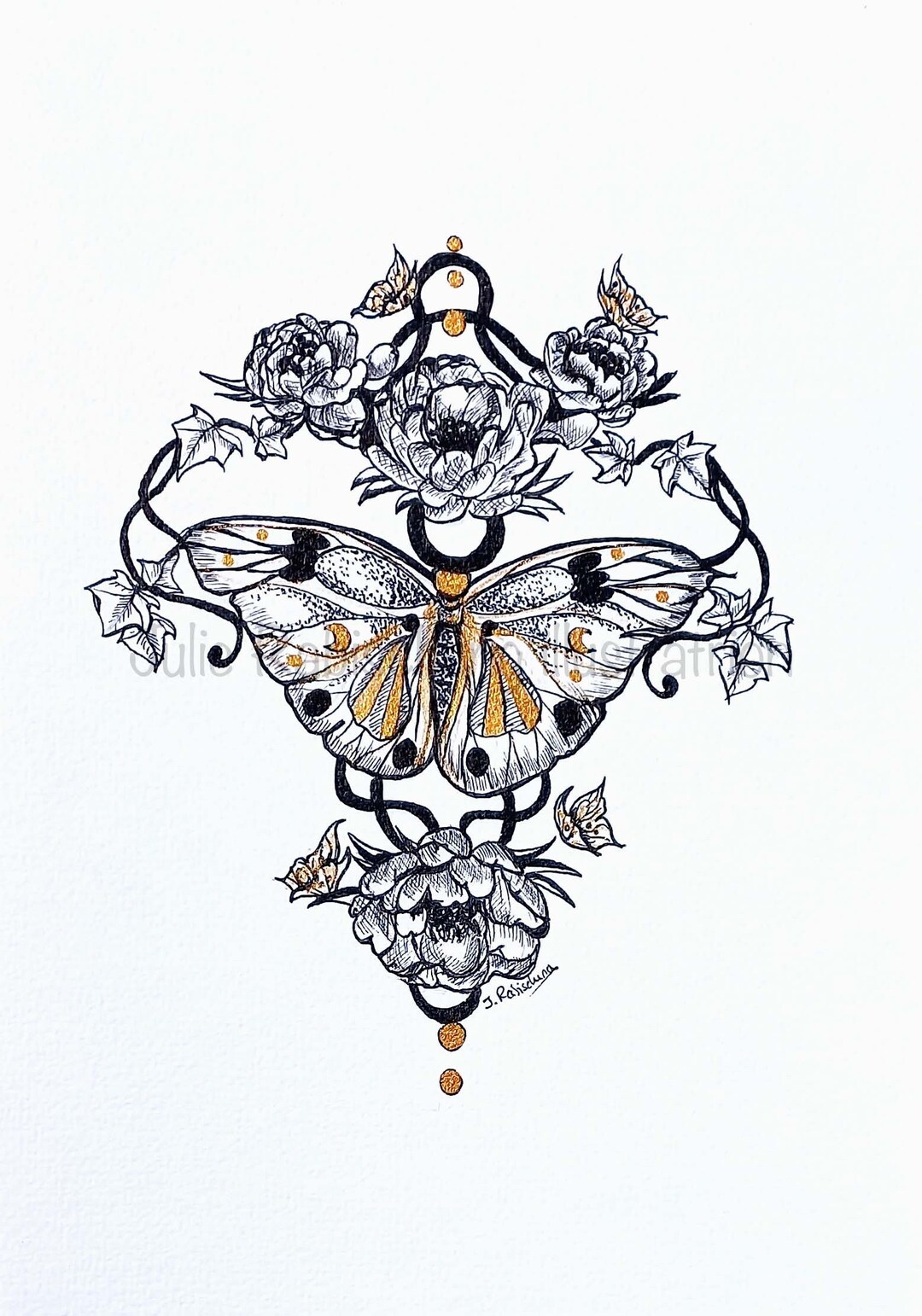 Moth and Flowers Ink Art, Moth Ink Drawing, Moth Art, Original Ink Art ...