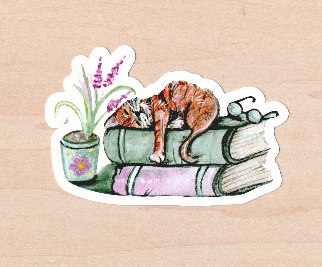 Cat Sleeping on Books Sticker, Cat Journal Sticker, Cat Laptop Decal ...