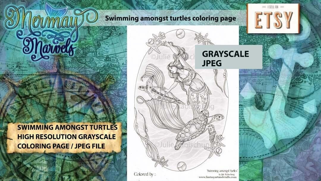 Mermaid and Turtle Grayscale Coloring Page,mermay Marvels Grayscale ...