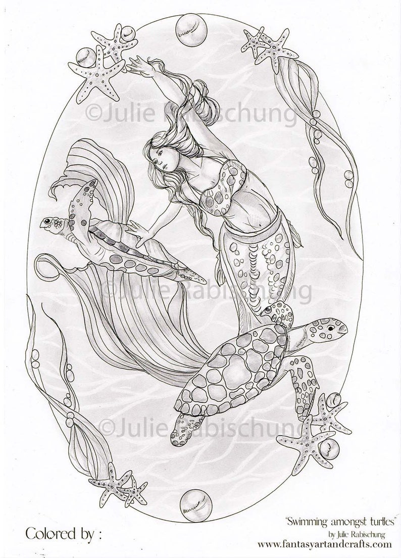 Mermaid and Turtle Grayscale Coloring Pagemermay Marvels - Etsy