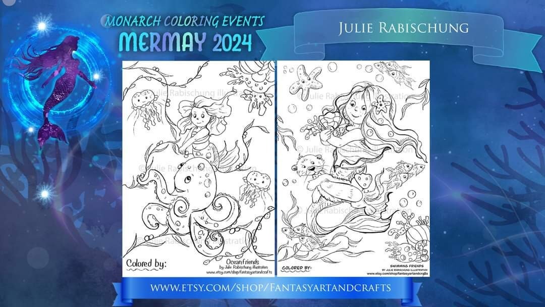 Cute Mermaids and Sea Animals Coloring Pages, Mermay 2024 Monarch ...