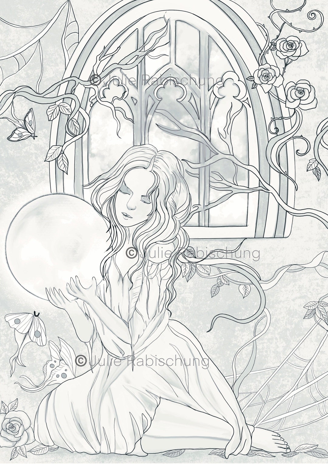 Grayscale Gothic Fantasy Coloring Page, Grayscale Adult Fantasy ...